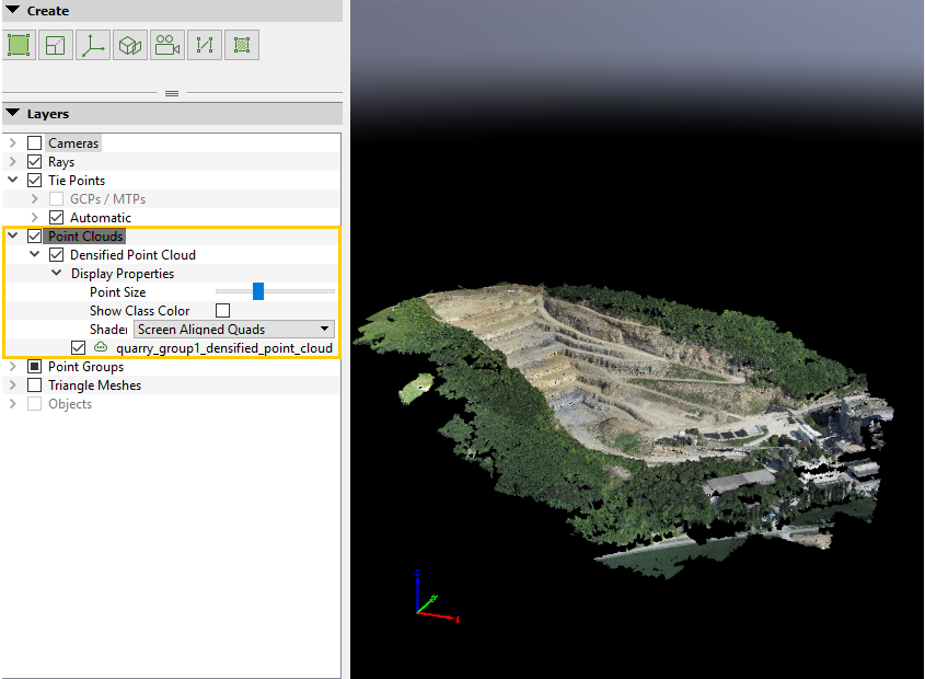 Menu View > rayCloud > Left sidebar > Layers > Point Clouds - PIX4Dmapper